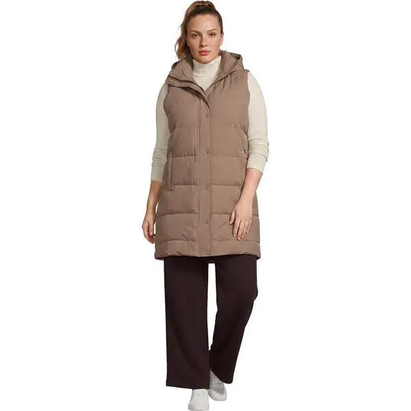 LANDS' END Wide Channel 600 Down Puffer Long Vest - Cocoa