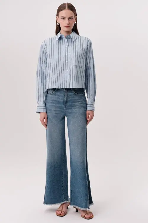 EXQUISE Kaylie Collar Side Slit Striped Shirt