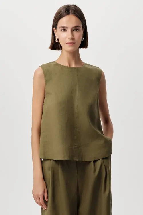 EXQUISE Almira Crew Neck Linen Blouse - Khaki