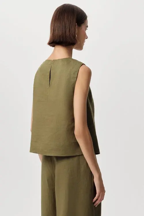 EXQUISE Almira Crew Neck Linen Blouse - Khaki