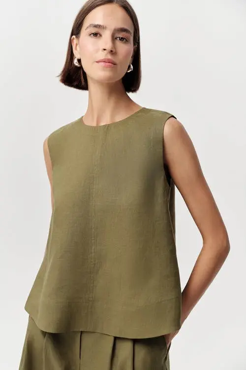 EXQUISE Almira Crew Neck Linen Blouse - Khaki
