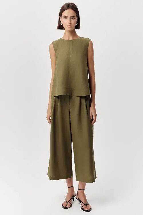 EXQUISE Almira Crew Neck Linen Blouse - Khaki