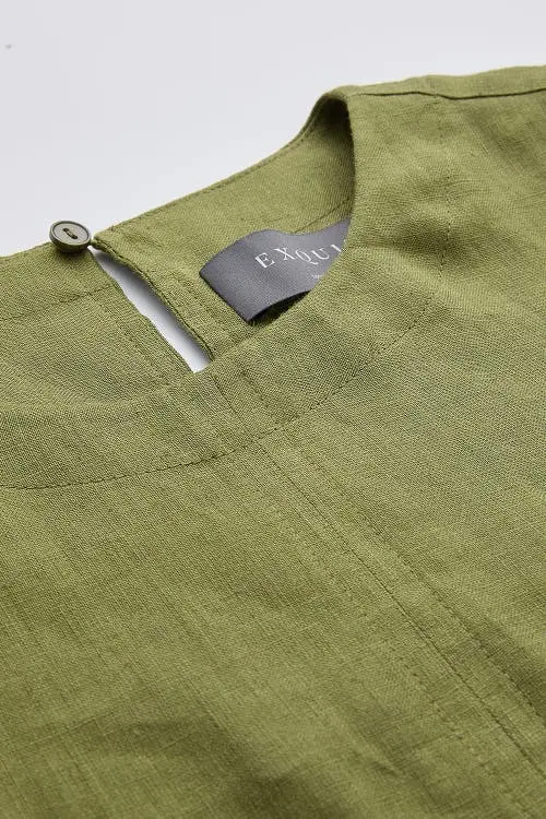 EXQUISE Almira Crew Neck Linen Blouse - Khaki