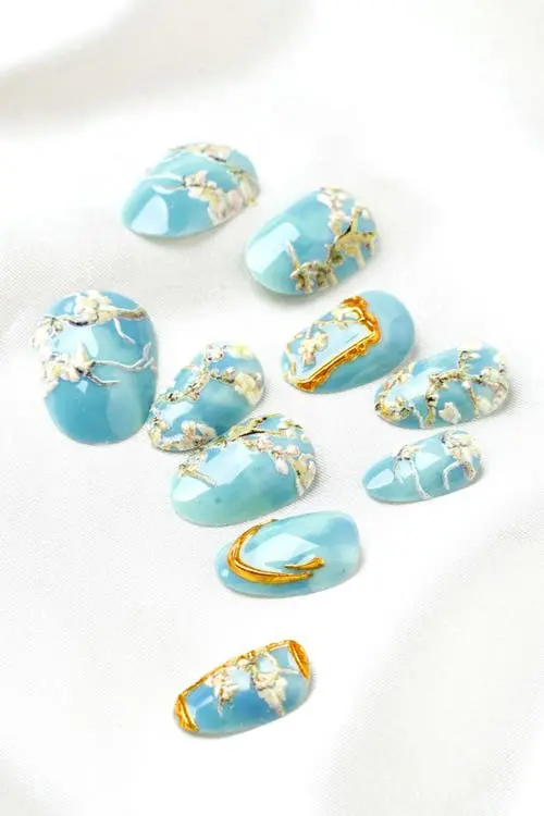 NEVER HAVE I EVER SHOP Van Gogh Almond Blossom Short Oval Press On Nails