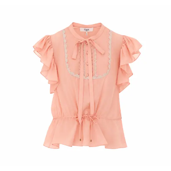 Chloé Short-sleeve Ruffle Top In Washed Silk Habotai & Lace - Pink