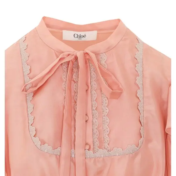 Chloé Short-sleeve Ruffle Top In Washed Silk Habotai & Lace - Pink
