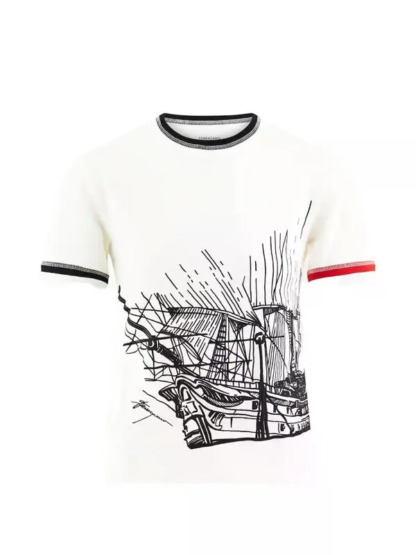 FERRAGAMO Ship-print Cotton T-shirt - White