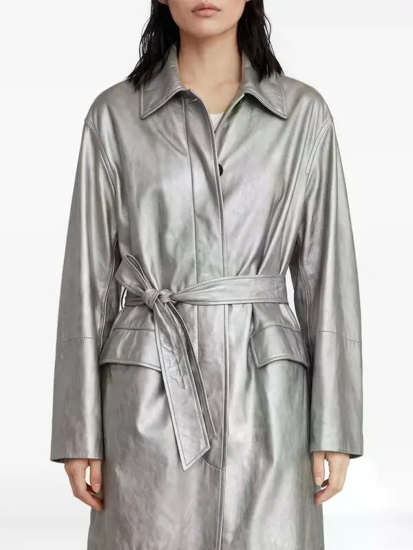 Brunello Cucinelli Belted Metallic Leather Coat - Silver