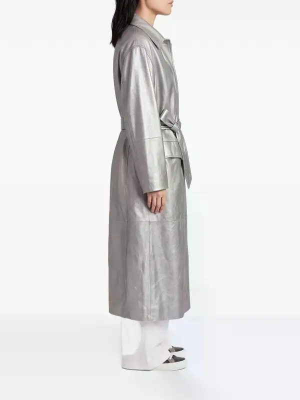 Brunello Cucinelli Belted Metallic Leather Coat - Silver