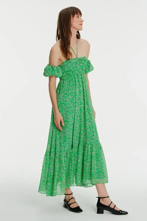 EXQUISE Halter Neck Floral Chiffon Midi Dress