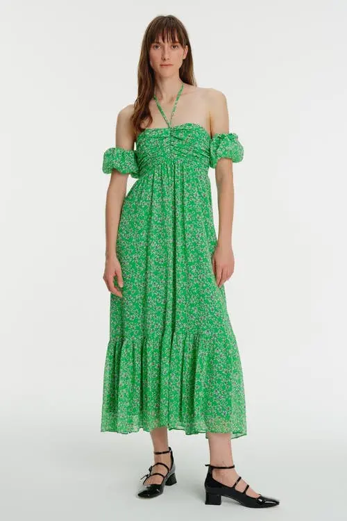 EXQUISE Halter Neck Floral Chiffon Midi Dress