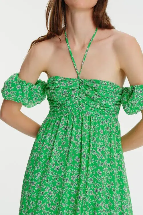 EXQUISE Halter Neck Floral Chiffon Midi Dress