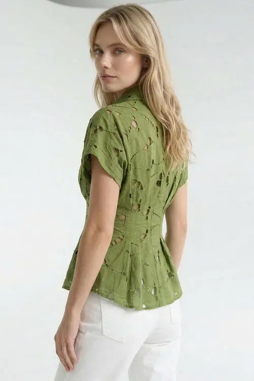 EXQUISE Adalene Shirt Collar Short Sleeve Eyelet Shirt