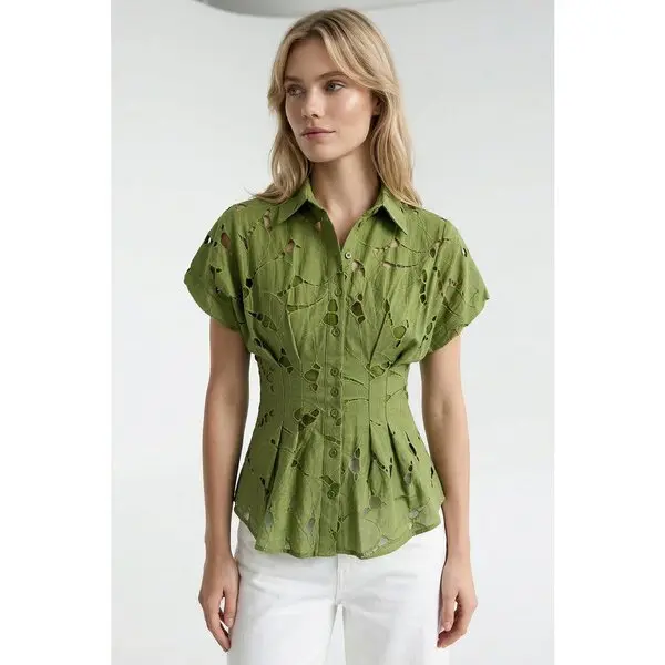 EXQUISE Adalene Shirt Collar Short Sleeve Eyelet Shirt - Green