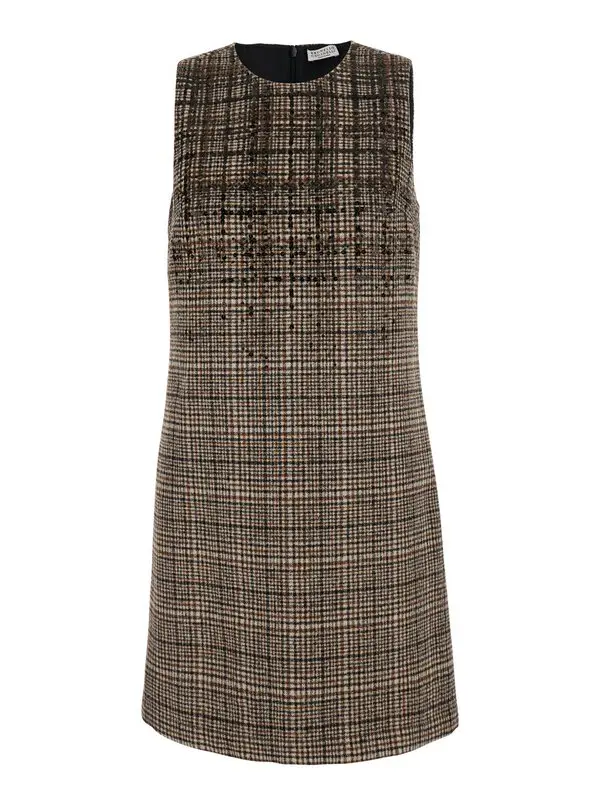 Brunello Cucinelli Brown Sleeveless Dress With Round Neckline And All-over Check Motif In Wool Blend For - Multicolor