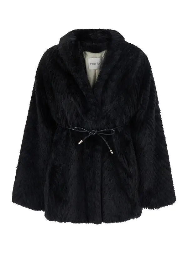 FORTE_FORTE Black Shearling Jacket With Front Belt In Eco Fur For - Multicolor