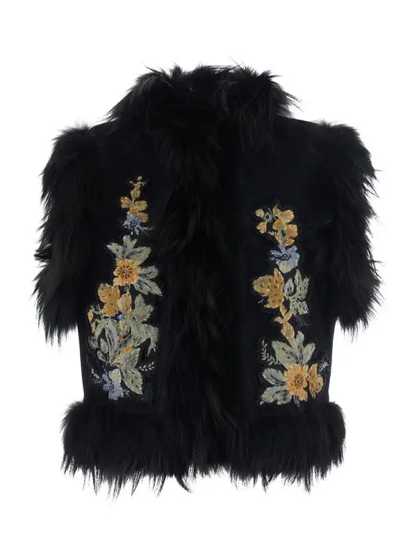 Fendi Black Sleeveless Shearling Vest With Floral Embroidery In Wool Blend For - Multicolor