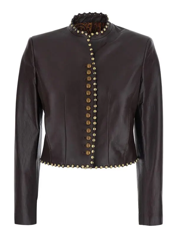 Etro Leather Jacket With Elegant Details And Soft Brown Lining For