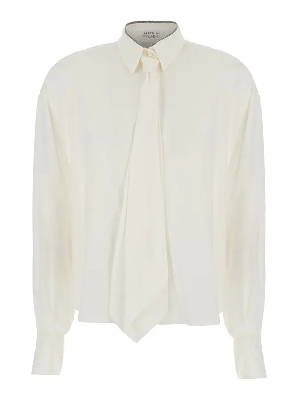 Brunello Cucinelli White Shirt With Pointed Collar With Monil And Removable Bow Tie On The Front In Silk For - Multicolor