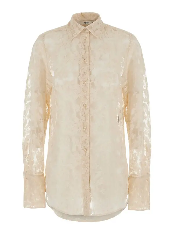 Fendi White Shirt With Classic Collar And All-over Floral Embroidery In Cotton Blend For - Multicolor