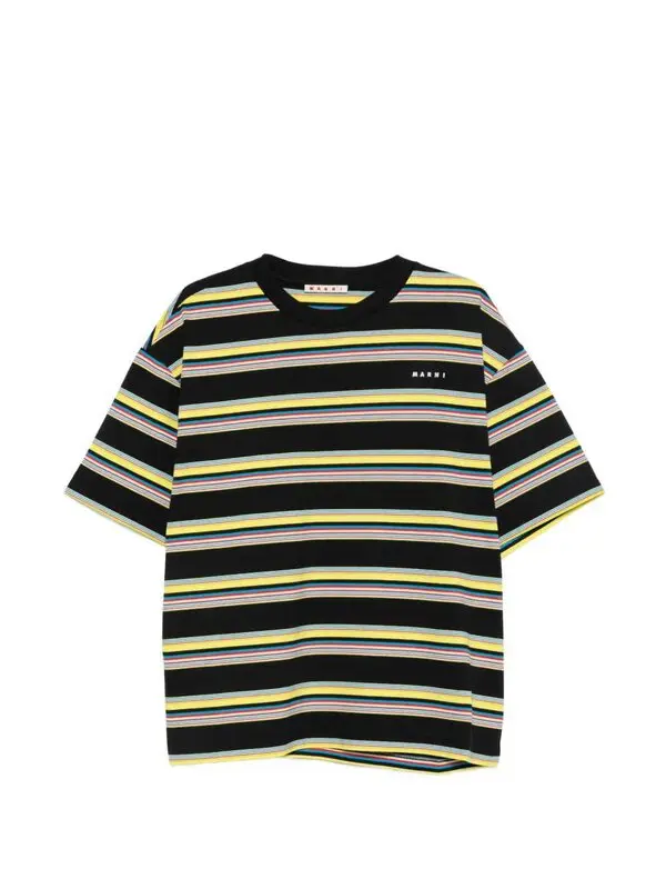 Marni Striped Cotton T-shirt With Logo Print - Black