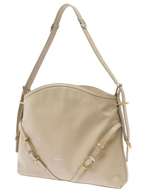 Givenchy Voyou' Beige Shoulder Bag With Embossed Logo In Smooth Leather - Multicolor