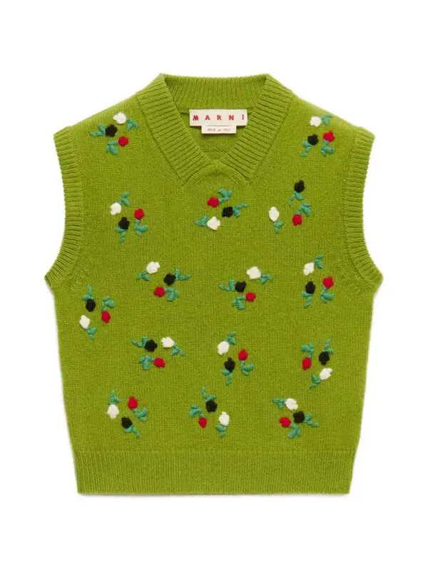 Marni Wool And Cashmere Vest With Floral Embroidery - Green