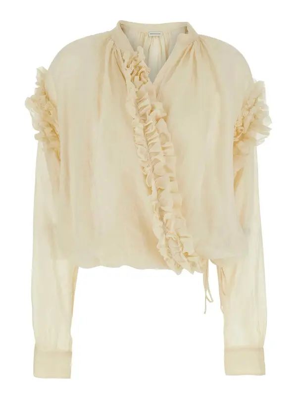 Dries Van Noten Cenver' Beige Silk Blouse With V-neck And Long Sleeves - Multicolor