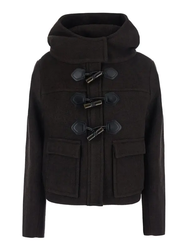 GANNI Brown Hooded Jacket With Front Toggle Closure In Wool Blend For - Multicolor