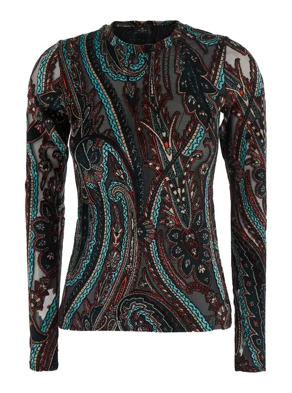Etro Devorè Top With Long Sleeves And Round Neckline In Natural Fabric For - Multicolor