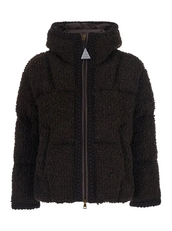 Moncler Cristalline' Brown Down Jacket With Hood And Logo Patch On Sleeve In Wool And Tech Fabric For - Multicolor