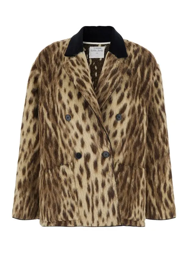 FORTE_FORTE Coat Royal Leopard With Collar And Long Sleeves In Jacquard, Beige - Multicolor