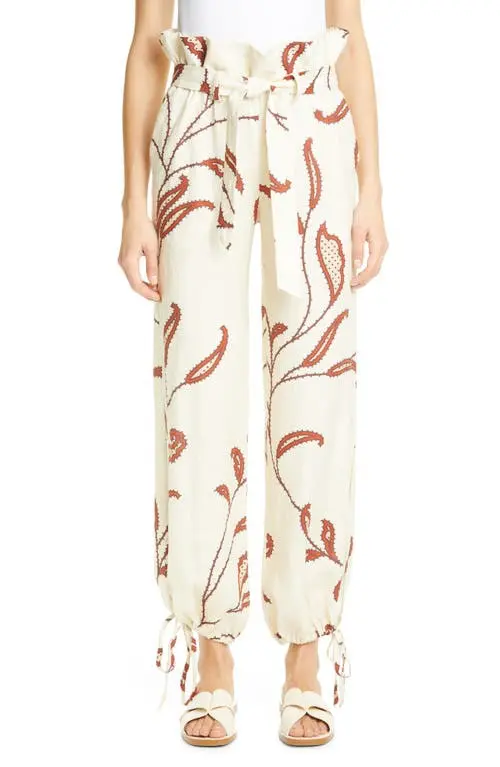 Johanna Ortiz Leaf Print Linen Paperbag Pants