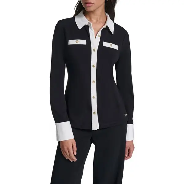 Karl Lagerfeld Paris Contrast Trim Collared Knit Top