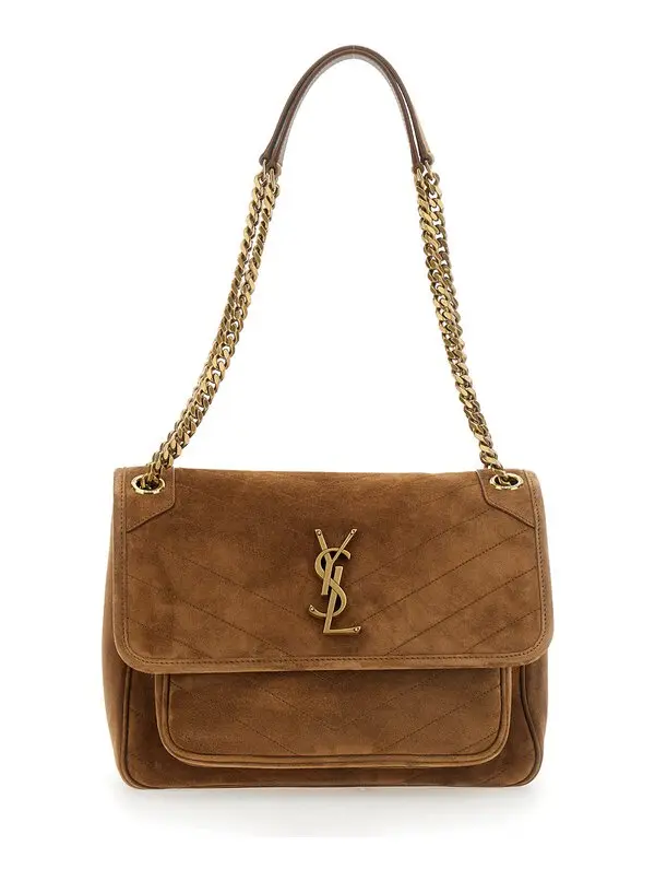 Saint Laurent Niki Medium' Brown Crossbody Bag With Metal Plaque On The Front In Suede For - Multicolor