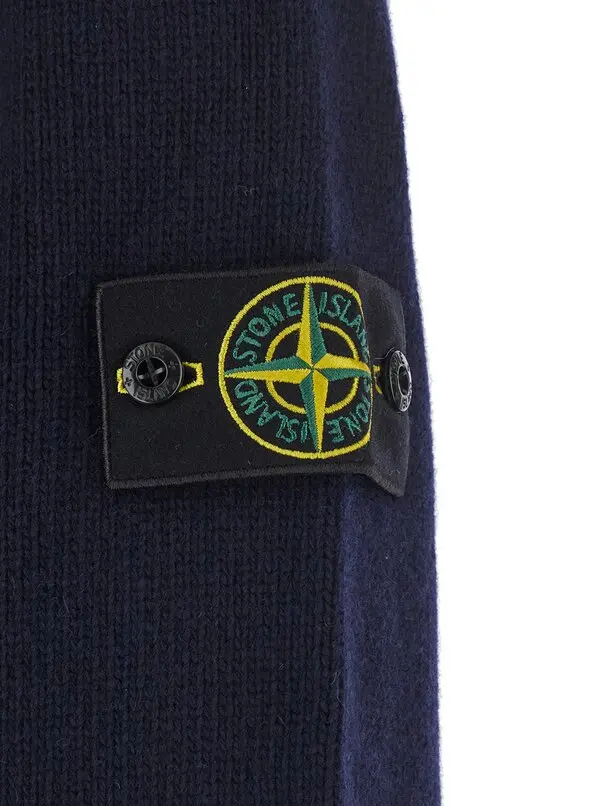 Stone Island Blue Cardigan With High Collar And Logo Patch On The Sleeve In Wool For - Multicolor