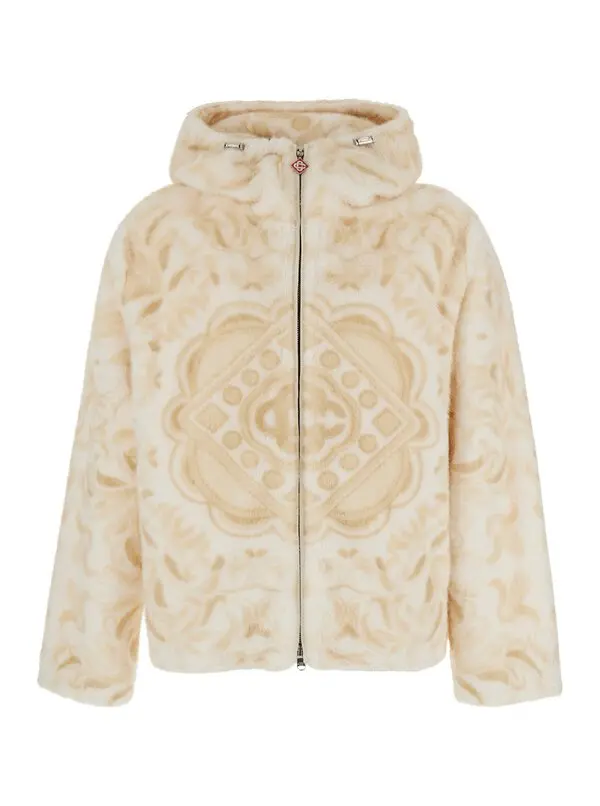Casablanca Beige Hooded Jacket With Embossed Logo On The Front And Back In Faux Fur - Multicolor