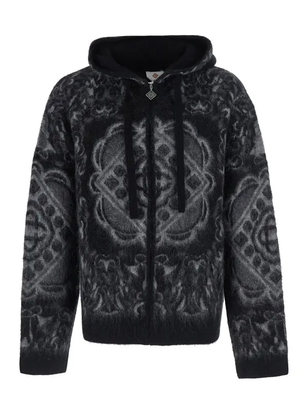 Casablanca Black Hooded Cardigan With Geometric Motif In Wool For - Multicolor