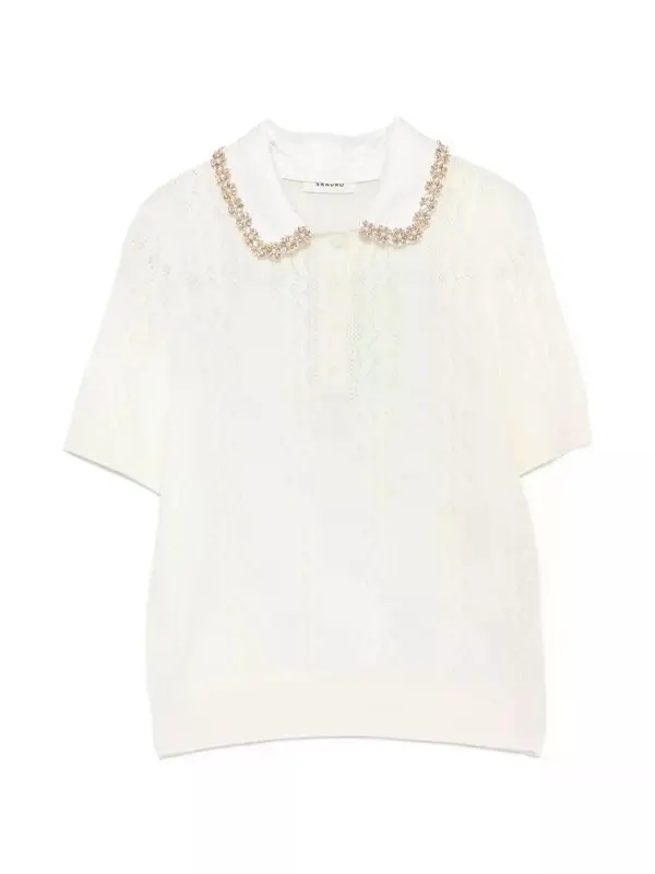 Sandro Crystal-embellished Pointelle-knit Polo Shirt