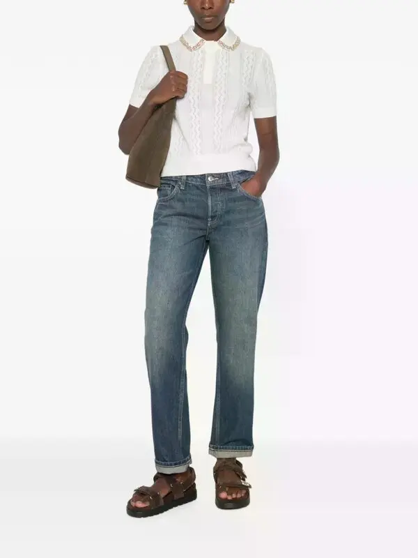 Sandro Crystal-embellished Pointelle-knit Polo Shirt