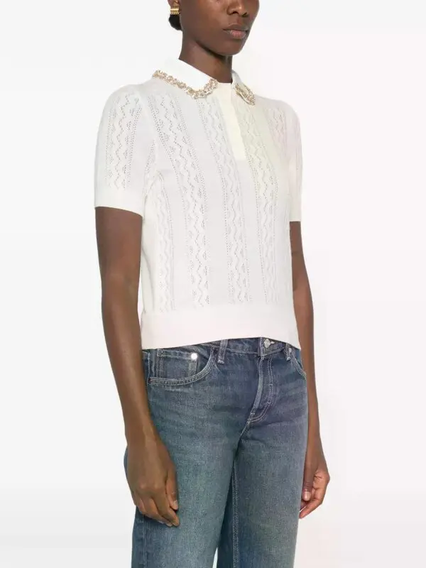 Sandro Crystal-embellished Pointelle-knit Polo Shirt