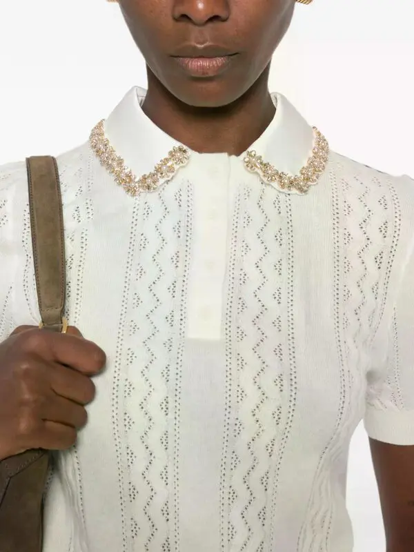 Sandro Crystal-embellished Pointelle-knit Polo Shirt