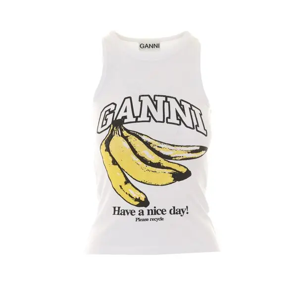 GANNI Logo Banana Graphic Ribbed Tank Top - White