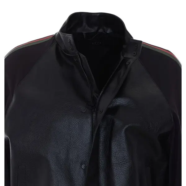 Gucci Grany Leather With Web Bomber Jacket