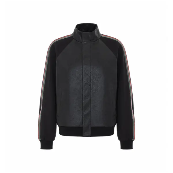Gucci Grany Leather With Web Bomber Jacket - Black