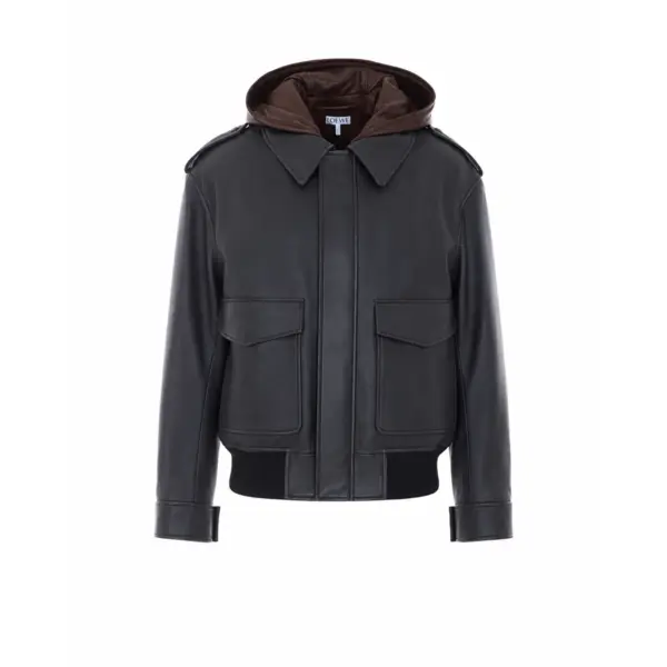 Loewe Hooded Leather Jacket With Anagram Patch On Hood