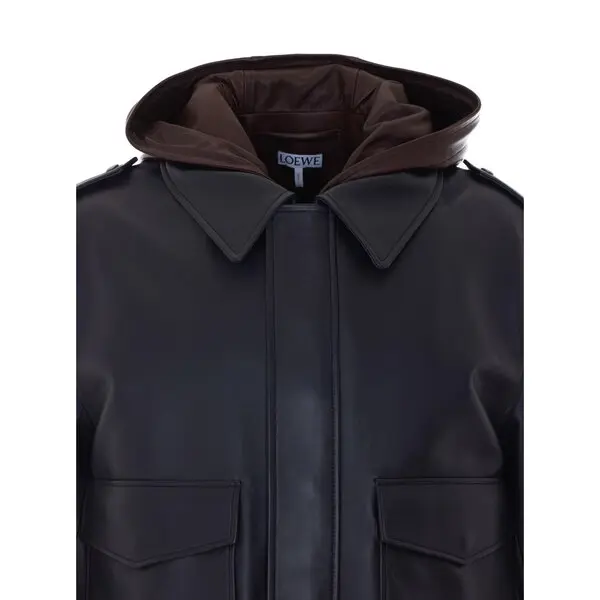 Loewe Hooded Leather Jacket With Anagram Patch On Hood