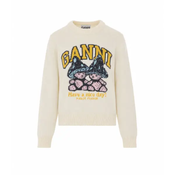 GANNI Teddy Mushroom Graphic Wool Sweater With Logo - White
