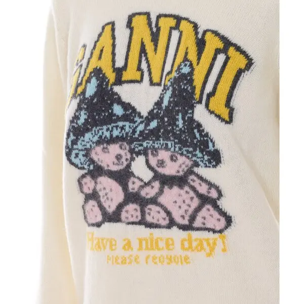 GANNI Teddy Mushroom Graphic Wool Sweater With Logo - White