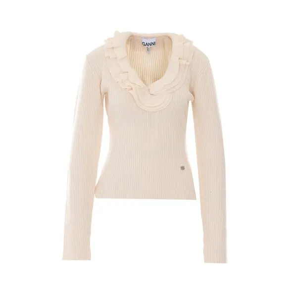 GANNI Ribbed Merino Top With Logo And Ruches